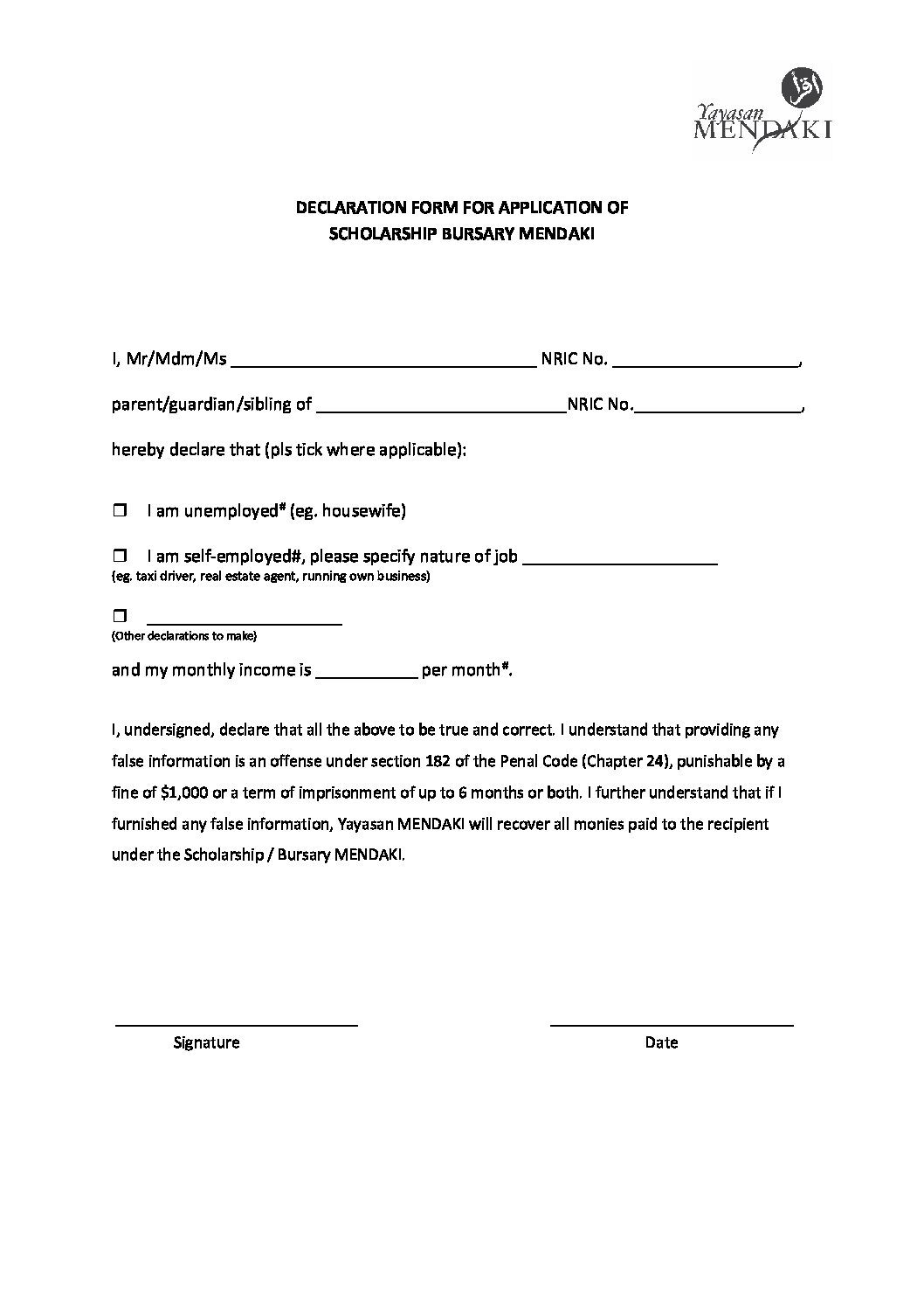 Income Declaration Form for Scholarship Bursary | Yayasan MENDAKI